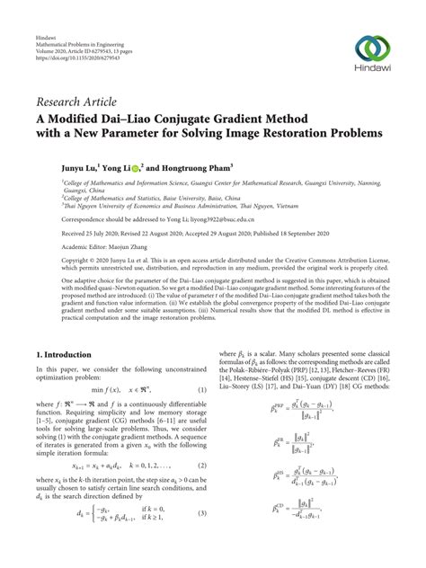 Pdf A Modified Dai Liao Conjugate Gradient Method With A New Parameter For Solving Image