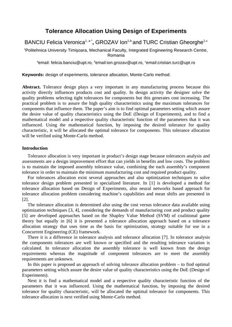 Pdf Tolerance Allocation Using Design Of Experiments