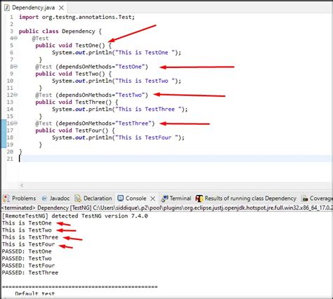 how to set test dependency in testng codedec