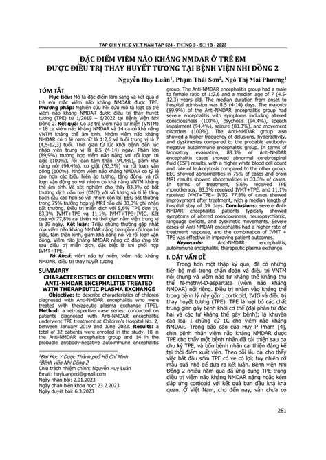 Pdf ĐẶc ĐiỂm ViÊm NÃo KhÁng Nmdar Ở TrẺ Em ĐƯỢc ĐiỀu TrỊ Thay HuyẾt TƯƠng TẠi BỆnh ViỆn Nhi ĐỒng 2