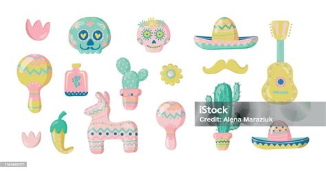 휴일 두개골 피냐타 솜브레로 데킬라의 전통으로 설정된 멕시코 상징 손으로 그린 요소 모음흰색 배경에 격리되어 있습니다 벡터 일러스트 레이 션 0명에 대한 스톡 벡터 아트 및