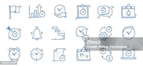 시간 달력 낙서 라인 아이콘이 설정되었습니다 손으로 그린 낙서 스케치 라인 스타일 비즈니스 시간 관리 프로젝트 마감 개념 알람 시계 달력 스톱워치 귀여운 요소 벡터 24에