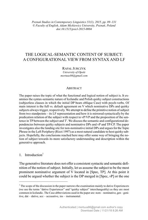 Pdf The Logical Semantic Content Of Subject A Configurational View