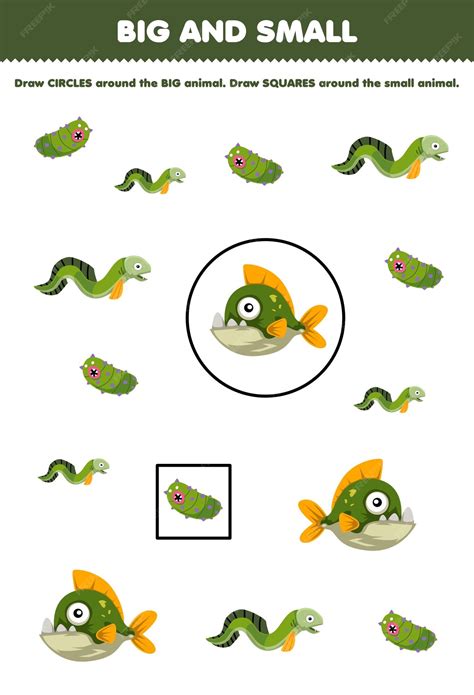 子供向けの教育ゲームは、かわいい漫画のピラニア ナマコ ウナギの印刷可能な水中ワークシートの円と正方形を描くことによって、大小のサイズで配置し