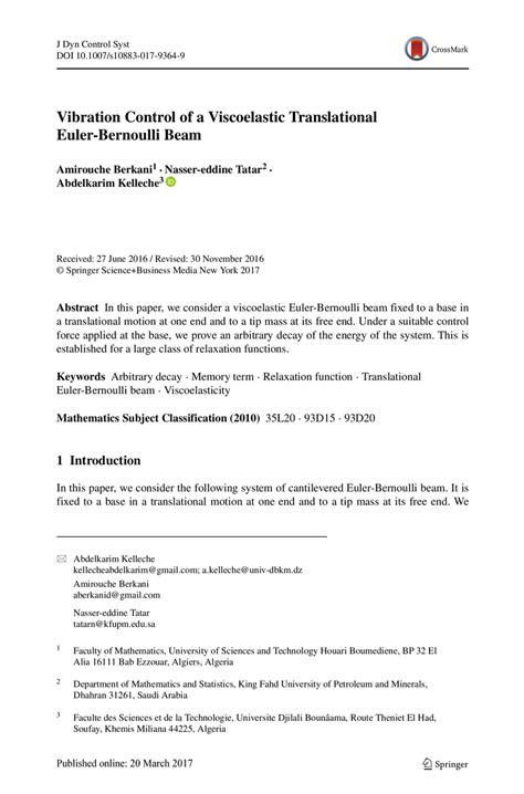 Pdf Vibration Control Of A Viscoelastic Translational Euler Bernoulli Beam