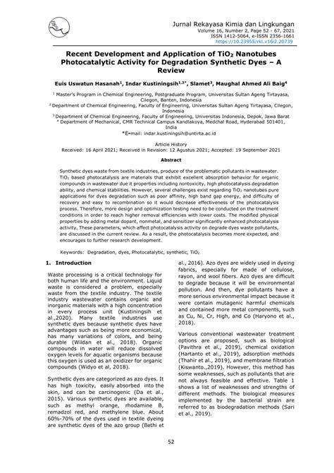 PDF Recent Development And Application Of TiO2 Nanotubes Photocatalytic Activity For