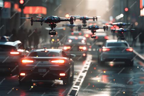 Premium Photo Aicontrolled Drones Patrolling The Streets To Main