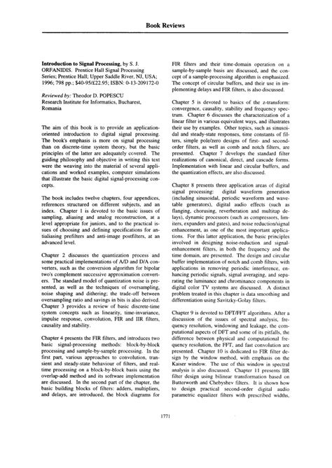 Pdf Introduction To Signal Processing By Sj Orfanidis Prentice Hall Signal Processing