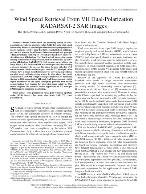 Pdf Wind Speed Retrieval From Vh Dual Polarization Radarsat 2 Sar Images