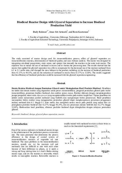 Pdf Biodiesel Reactor Design With Glycerol Separation To Increase