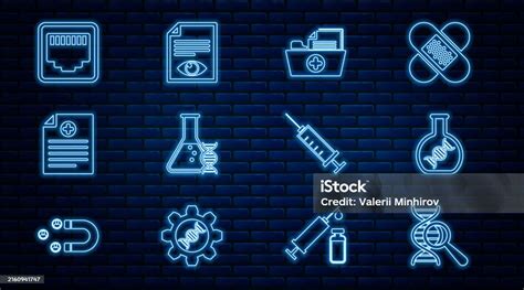 라인 Dna 연구 검색 건강 기록 폴더 임상 네트워크 포트 케이블 소켓 주사기 및 눈 아이콘이 있는 종이 페이지를 설정합니다