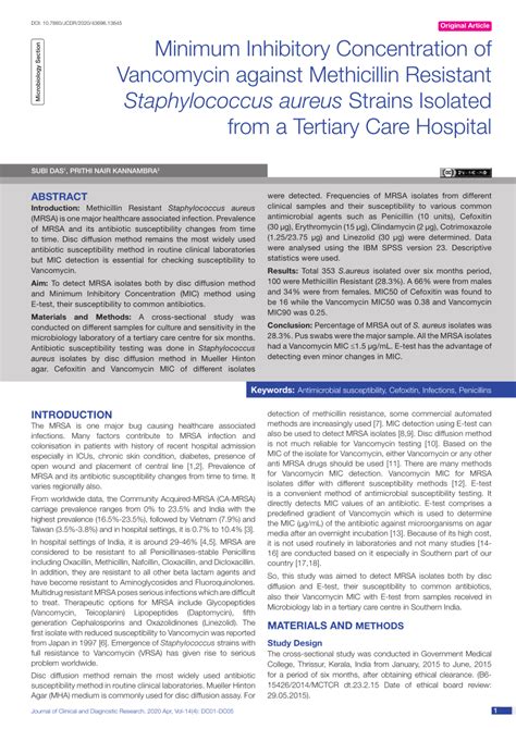 Pdf Minimum Inhibitory Concentration Of Vancomycin Against Methicillin Resistant
