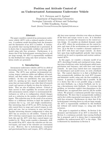 Pdf Position And Attitude Control Of An Underactuated Autonomous Underwater Vehicle