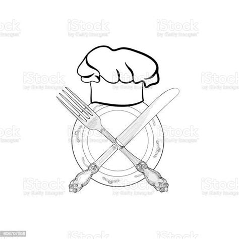 접시 포크 칼 라벨로 모자를 요리하십시오 칼붙이 레스토랑 기호 가정 주방에 대한 스톡 벡터 아트 및 기타 이미지 가정 주방