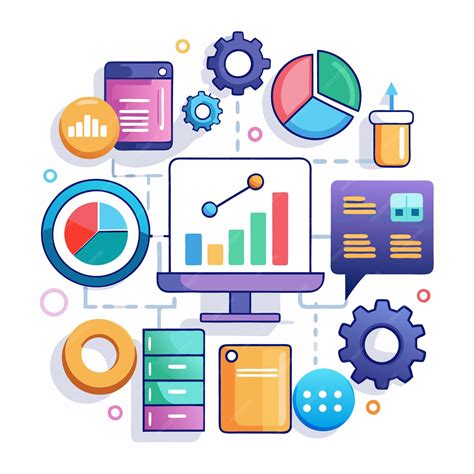 Colorful Data Analysis Chart With Pie Charts And Bar Charts In Computer Monitor Gears And Other