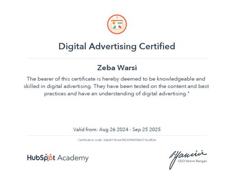 Zeba Warsi On Linkedin Hubspot Academy Digital Advertising Certification