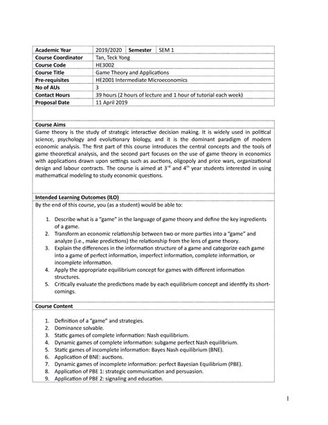 Game Theory Xxxxxxxxxxxxxxxxx Academic Year 2019 2020 Semester Sem 1 Course Coordinator Tan