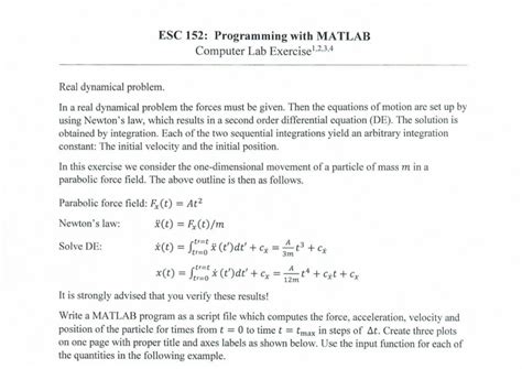Solved Esc 152 Programming With Matlab Computer Lab