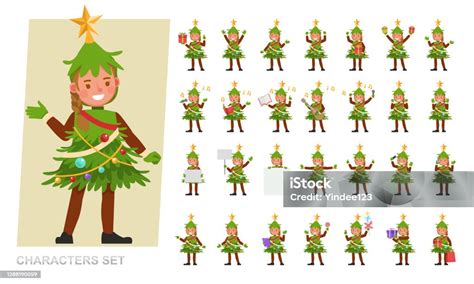 크리스마스 트리 의상을 입은 키즈 걸 세트 캐릭터 벡터 디자인 감정과 다양한 행동의 프리젠 테이션 12월에 대한 스톡 벡터 아트 및 기타 이미지 Istock