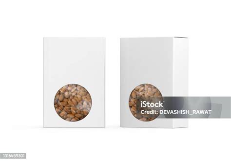 고립 된 흰색 배경에 아몬드 종이 상자 모형 건조 한 과일을위한 골판지 종이 포장 상자 3d 일러스트 너트에 대한 스톡 사진 및