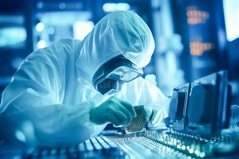 Scientist In Coveralls Working On A Processor Chip In A Laboratory Scientist In Coveralls Working On A Processor Chip In A Laboratory