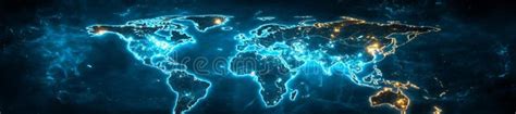 Futuristic Digital Map Of The World Showing Glowing Lights Of Cities