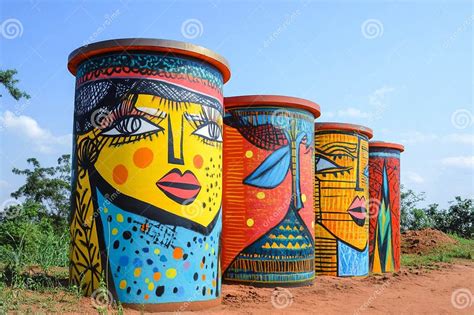 Colorful Cylindrical Structures Decorated With Abstract Faces Stock