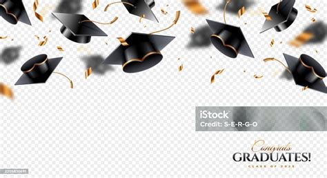 졸업 모자 또는 토가 모자가 던져진 배너와 투명한 배경에 황금 호일 색종이 조각 학교 대학 또는 대학교의 졸업 파티 가로 벡터 그림입니다 공부에 대한 스톡 벡터 아트 및