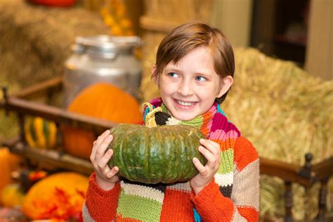 행복한 소년은 건초 위에 앉아 농장에서 호박을 껴안습니다 즐거운 아이는 추수 감사절을 축하합니다 10 11세에 대한 스톡 사진 및 기타 이미지 Istock