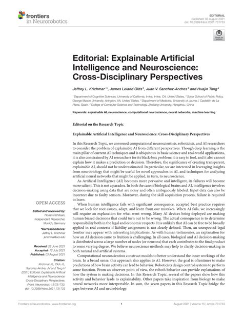 Pdf Editorial Explainable Artificial Intelligence And Neuroscience Cross Disciplinary