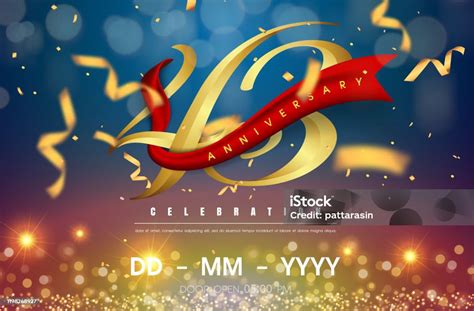 금과 파란색 배경에 43 주년 기념 로고 템플릿 빨간색 리본 벡터와 색종이 고립 된 디자인 요소와 황금 번호를 축하 43 광고에 대한 스톡 벡터 아트 및 기타 이미지