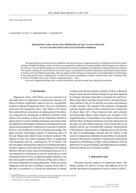 Pdf Microstructure And Plastic Properties Of Mg Li Alloys Smelted In Vacuum Induction Furnaces