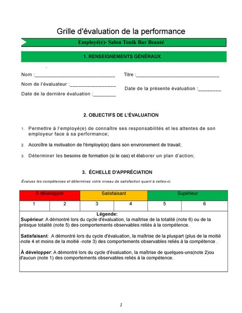 Formulaire Dévaluation Employée Salon De Beauté Grille D