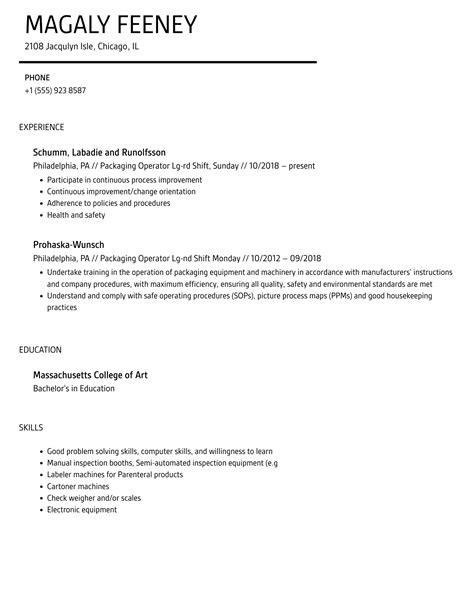 Packaging Operator Resume Samples Velvet Jobs