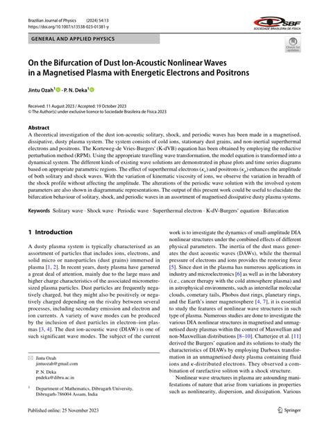 Pdf On The Bifurcation Of Dust Ion‑acoustic Nonlinear Waves In A Magnetised Plasma With