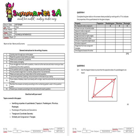 Grade 10 Technical Mathematics September Paper