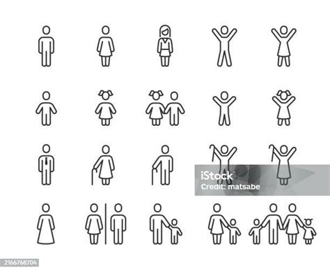사람 아이콘 집합입니다 성인 노인 및 어린이 남자 여자 소년 소녀 지팡이를 든 할머니 지팡이를 든 할아버지 가족 편집 가능한 획이 있는 선 가족에 대한 스톡 벡터 아트 및