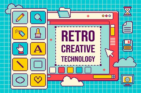 크리에이티브 앱의 레트로 사용자 인터페이스 창 상자와 폴더가 있는 데스크탑 Pc 요소 재미있는 기술 일러스트레이션입니다 트렌디한 레트로웨이브 픽셀 아트 스타일입니다 80