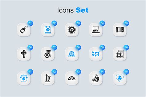 맥주 한 잔 황금 레프리콘 동전 달력과 성 패트릭의 날 냄비 금화 하트 클로버 트레 포일 잎 클로버 태그 및 메달 아이콘 세트 벡터 3에 대한 스톡 벡터 아트 및 기타