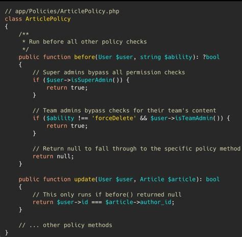 laravel tip from the docs use the policy before hook to grant… parth radadiya