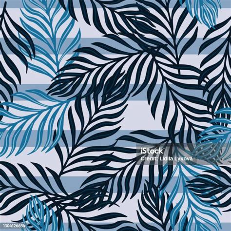 하와이 이국적인 매끄러운 식물 패턴 무작위 고사리 잎 실루엣 장식 파란색 줄무늬 배경입니다 0명에 대한 스톡 벡터 아트 및 기타 이미지 Istock