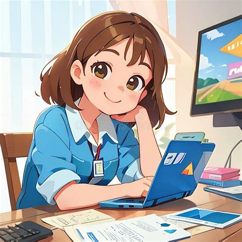 Smiling Young Woman Working On Computer Laptop Notebook Cute Simple Anime Style Illustration