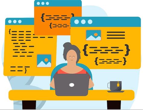 Premium Vector A Woman Sits At A Desk With A Computer And A Screen