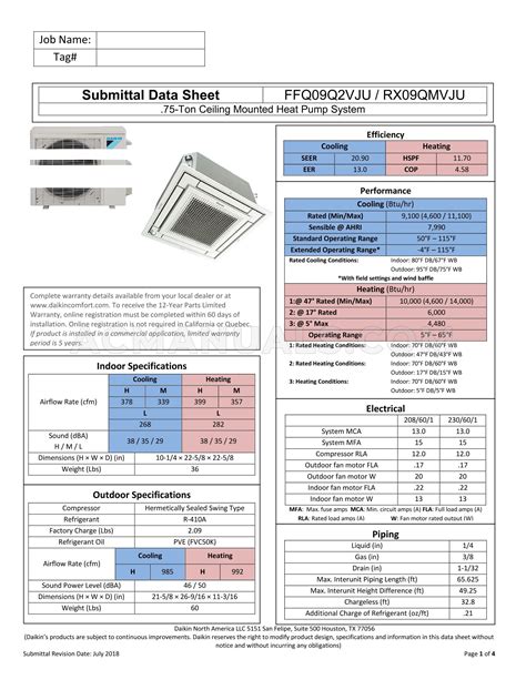 Daikin 1316560 Spec Sheet Daikin 1316560 Spec Sheet