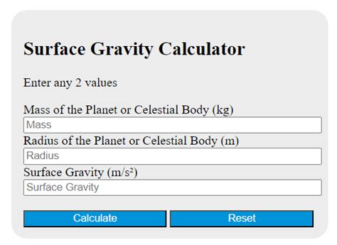 Surface Gravity Calculator Calculator Academy