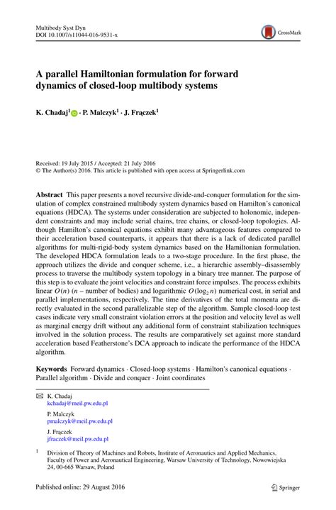 Pdf A Parallel Hamiltonian Formulation For Forward Dynamics Of Closed Loop Multibody Systems