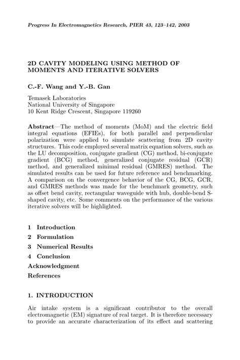 Pdf 2d Cavity Modeling Using Method Of Moments And Iterative Solvers