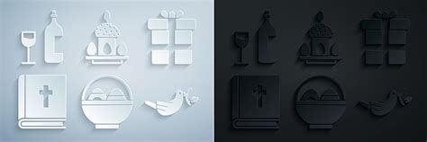 부활절 달걀 선물 상자 성경책 평화 비둘기 올리브 가지 부활절 케이크 및 와인 병 유리 아이콘으로 바구니를 설정하십시오 벡터 3차원 형태에 대한 스톡 벡터 아트 및 기타