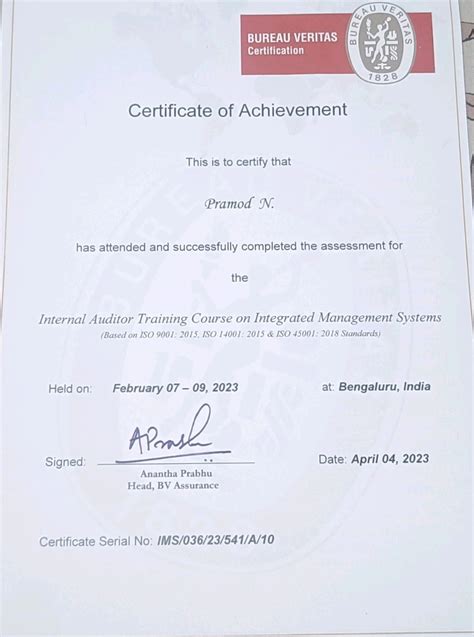 Completed Internal Auditor Program For Integrated Management System
