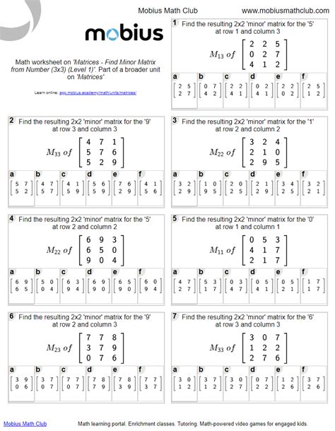 Free Worksheet Matrices Find Minor Matrix From Number 3x3 Level 1